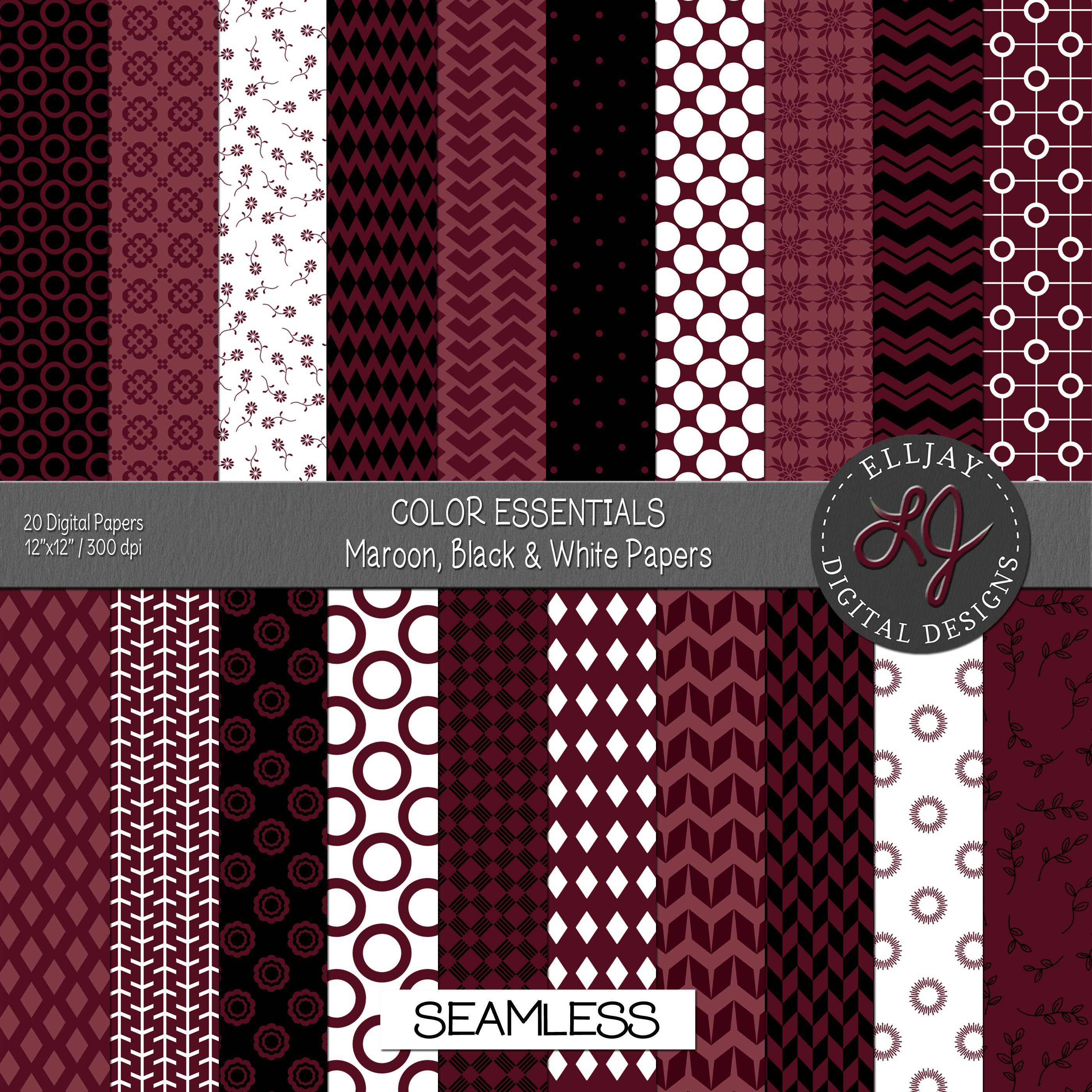 Maroon & Black Digital Paper Pack: Seamless Patterns (12x12", 300 Dpi ...