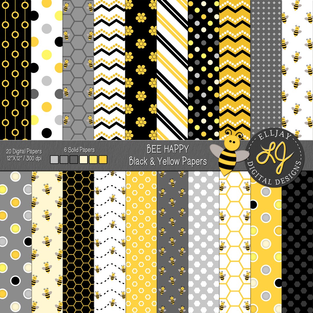 Bee Digital Papers in Yellow and Black. Bee Scrapbook Paper. Bumblebee ...