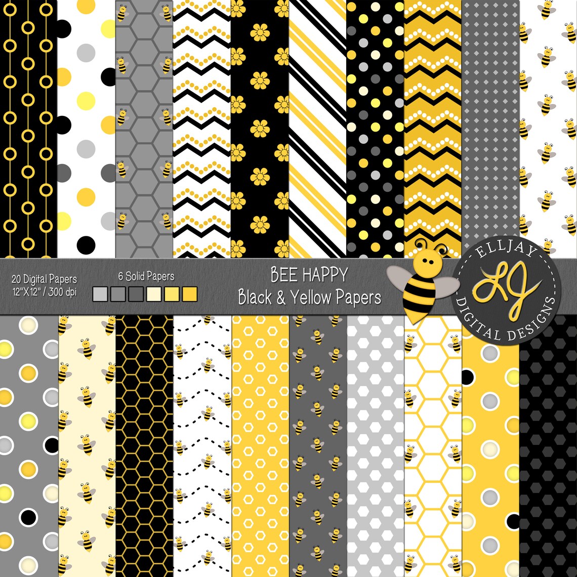Bee Digital Papers in Yellow and Black. Bee Scrapbook Paper. Bumblebee ...