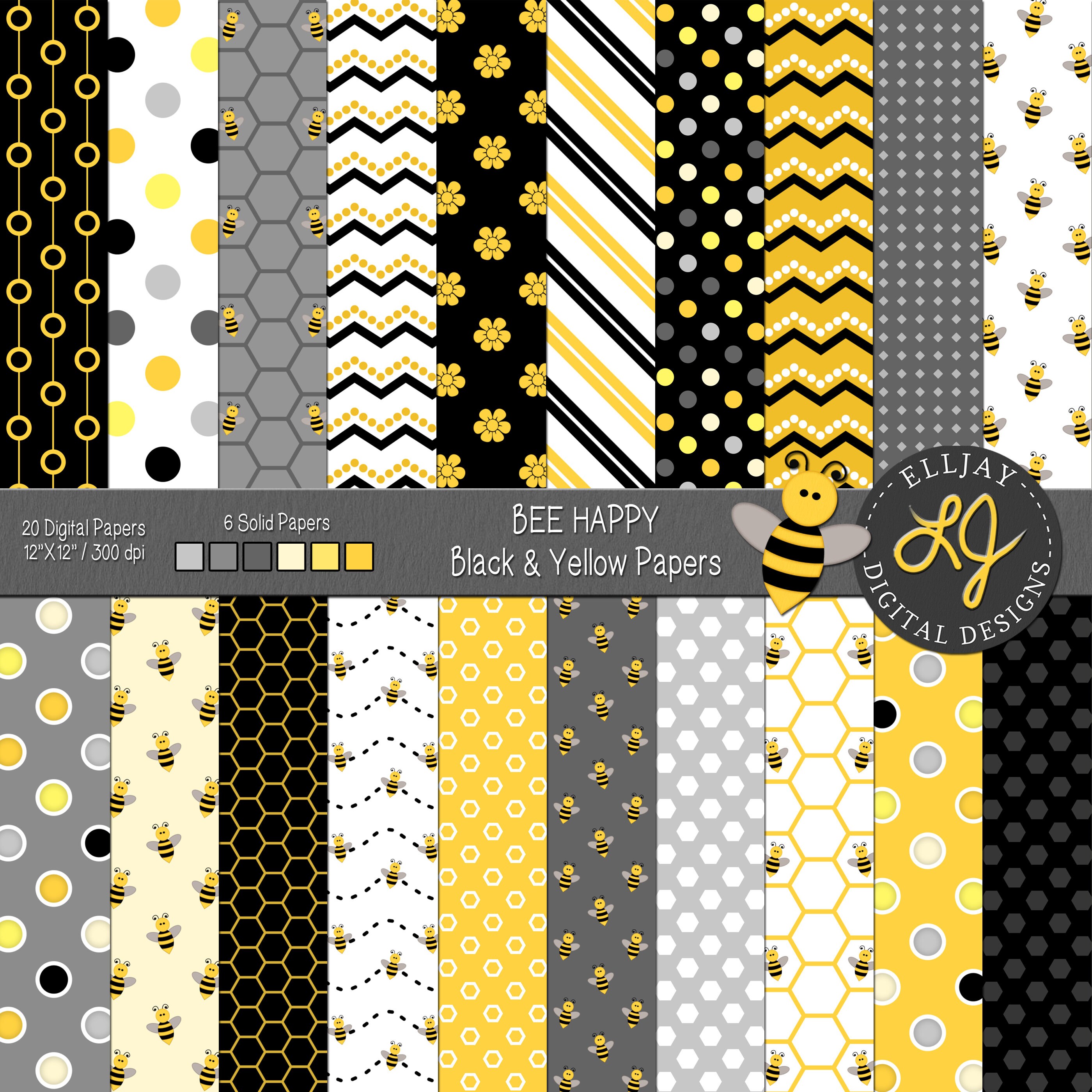Bee Digital Papers in Yellow and Black. Bee Scrapbook Paper. Bumblebee ...