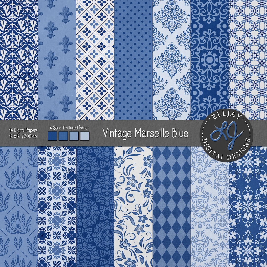Vintage Marseille Blue Digital Paper Pack: Floral Damask Patterns ...