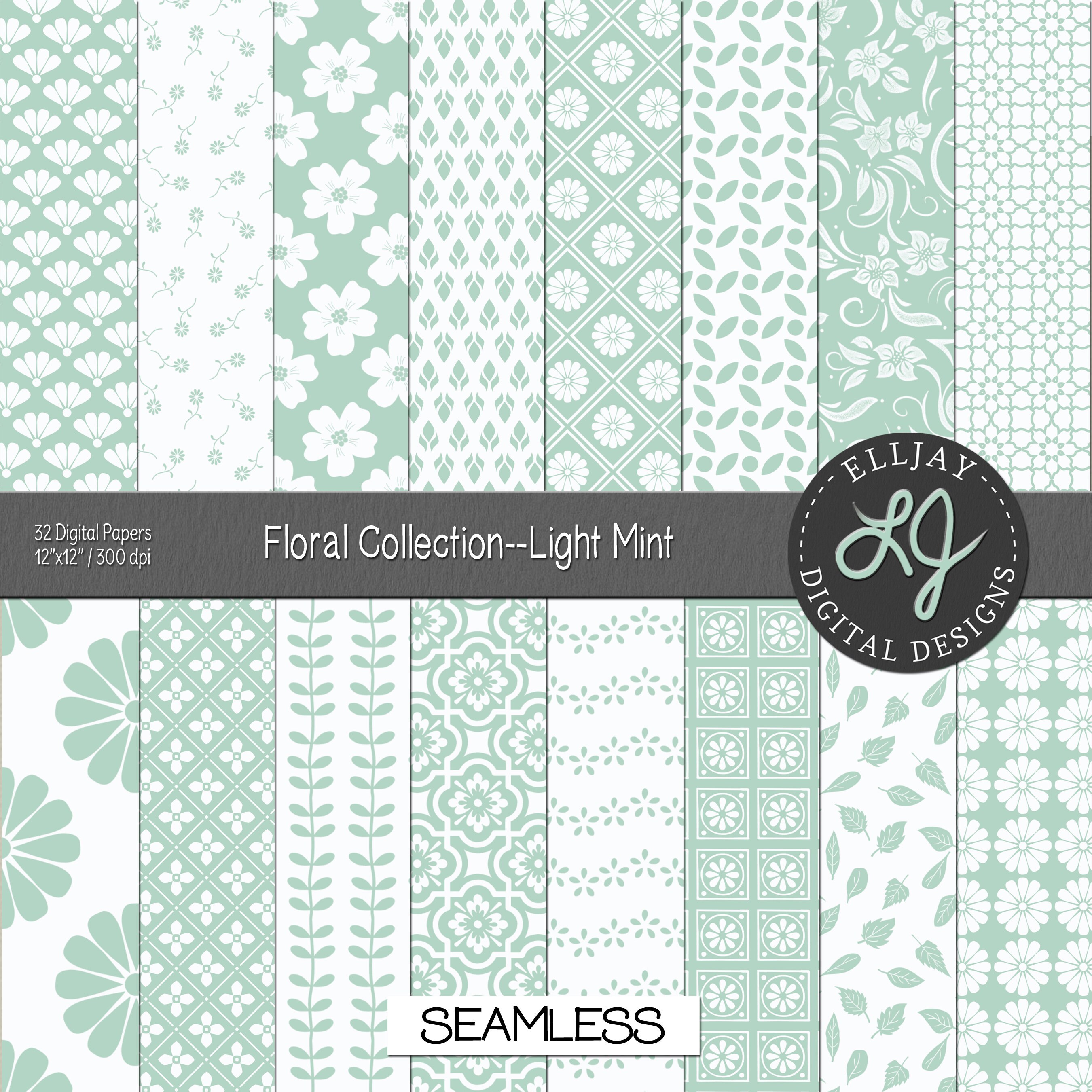 Mint Green Floral Digital Paper Pack. Seamless Mint Scrapbook. 32 Green ...