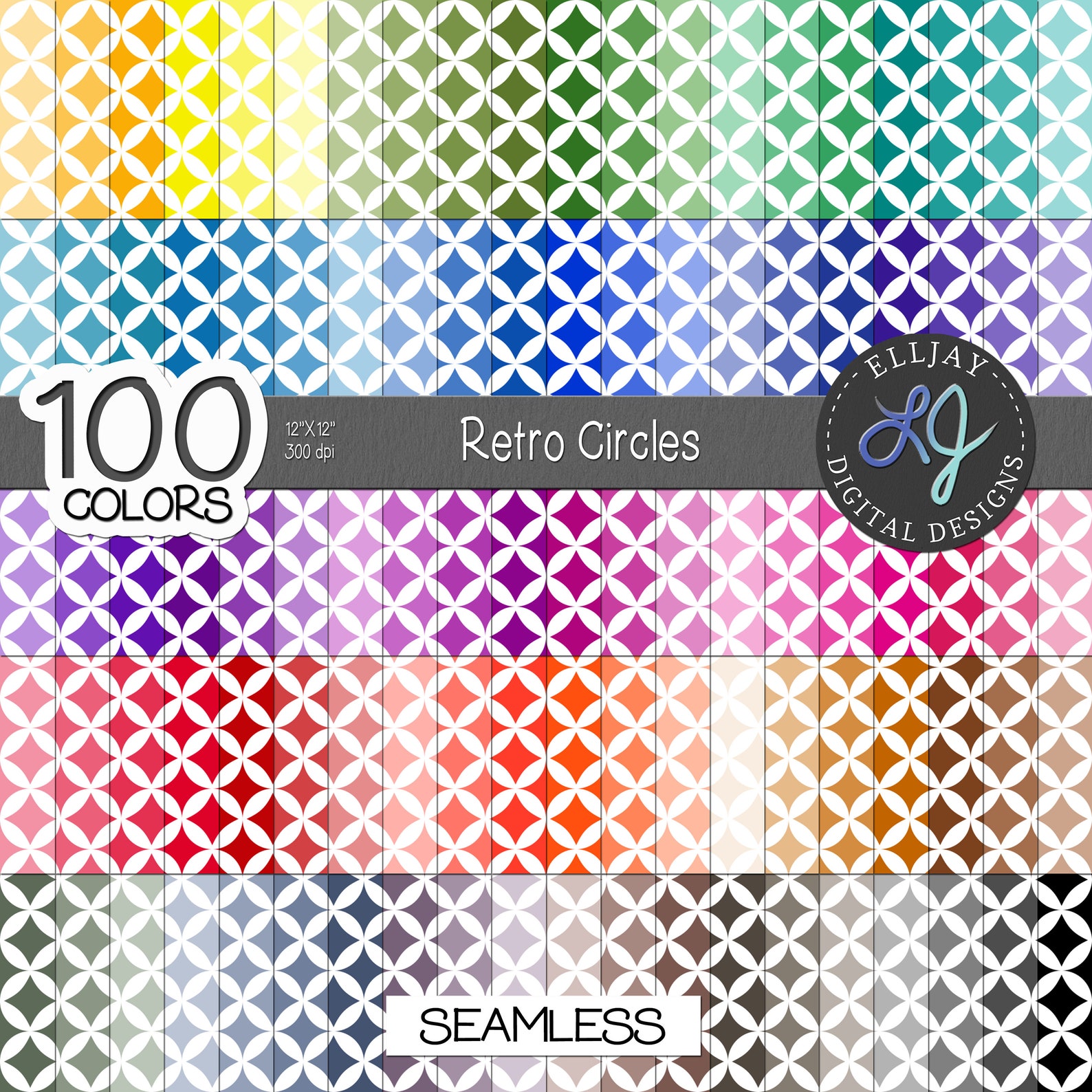 Retro Circle Digital Paper Pack: 100 Rainbow Colors (digital Download ...