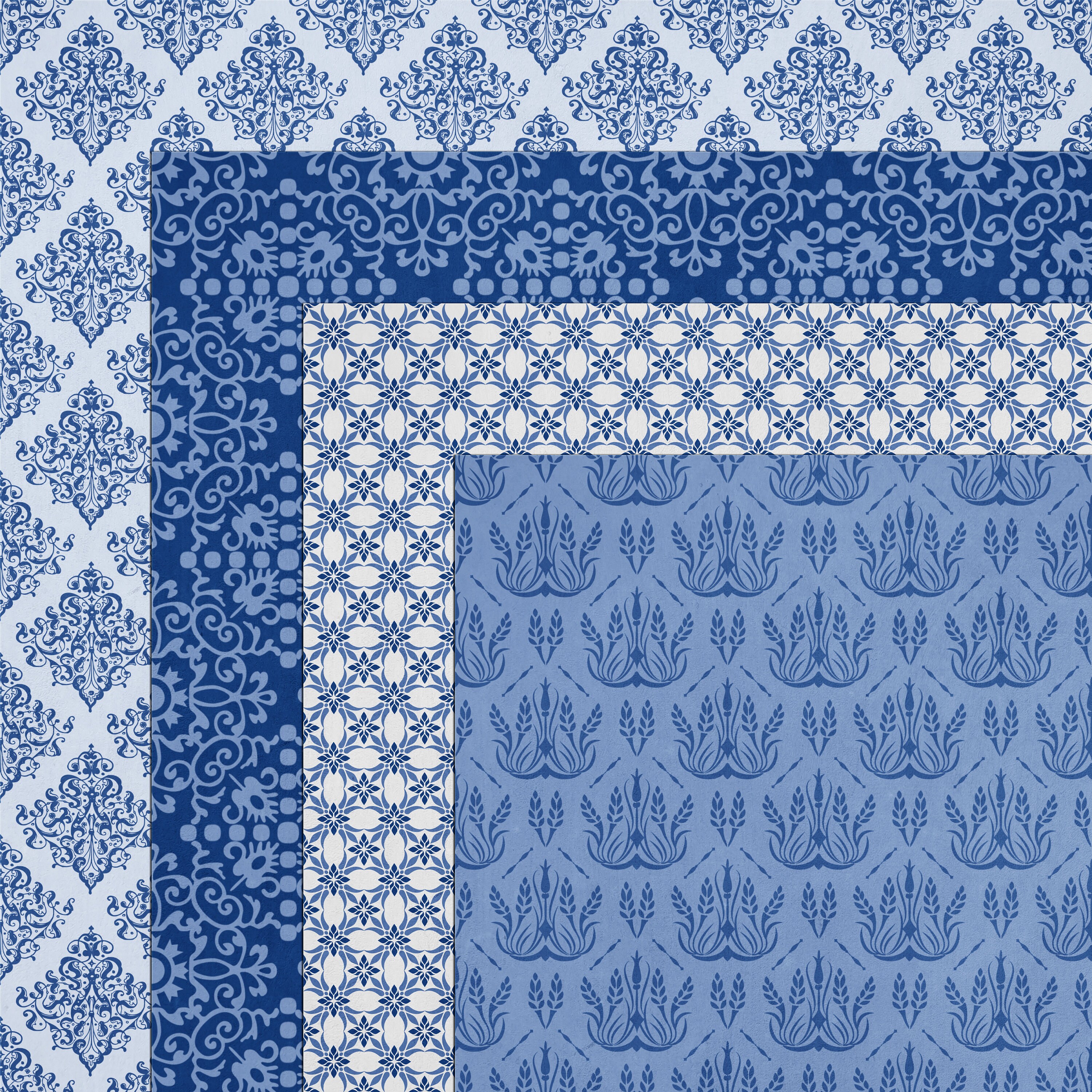 Vintage Marseille Blue Digital Paper Pack: Floral Damask Patterns ...