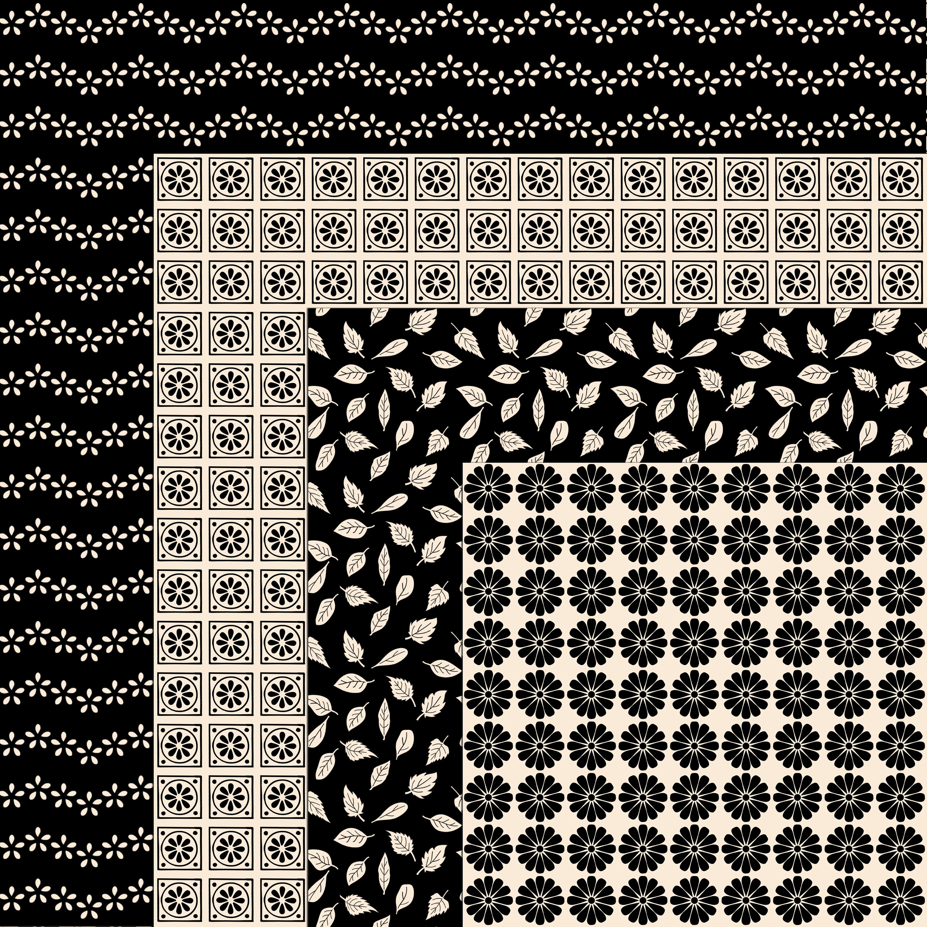 Black & Cream Floral Digital Paper Pack. Black and Antique White Floral ...