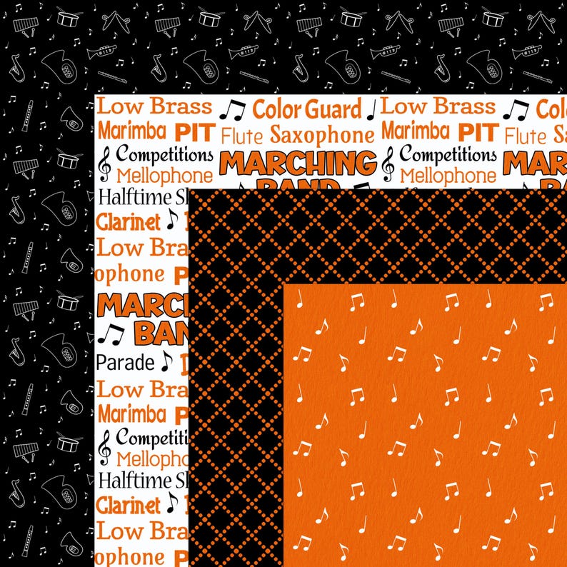 Orange Marching Band Digital Paper Pack. Band Scrapbook Paper. Music ...