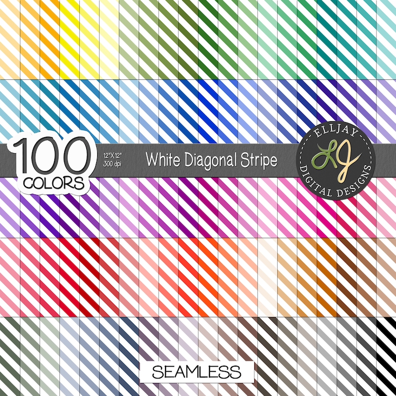 Rainbow White Diagonal Stripe Digital Paper: 100 Colors (12x12", 300 ...