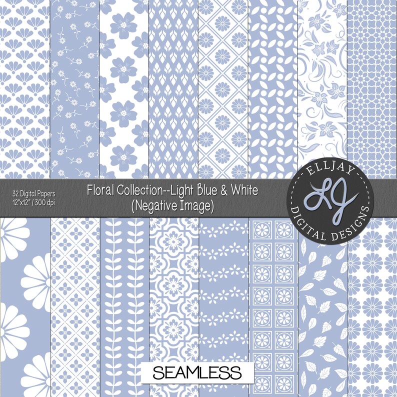 Light Blue & White Floral Digital Paper Pack. 32 Light Blue White ...
