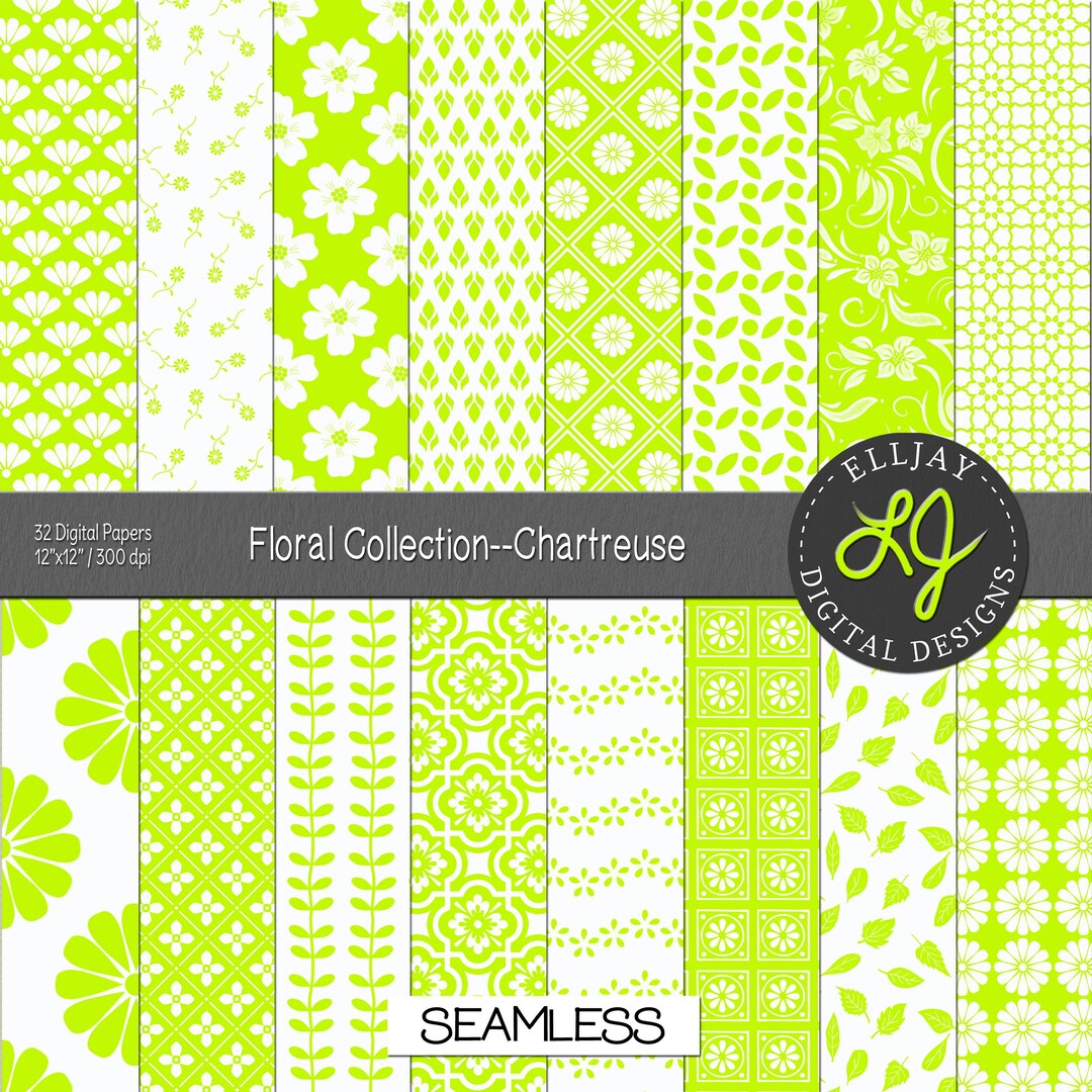 Chartreuse Green Floral Digital Paper Pack: 32 Neon Backgrounds ...