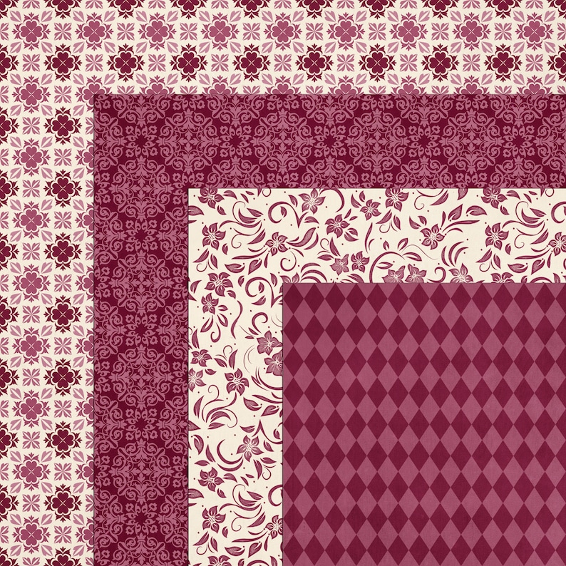 Vintage Maroon & Ivory Digital Paper Pack: Floral Damask (digital ...