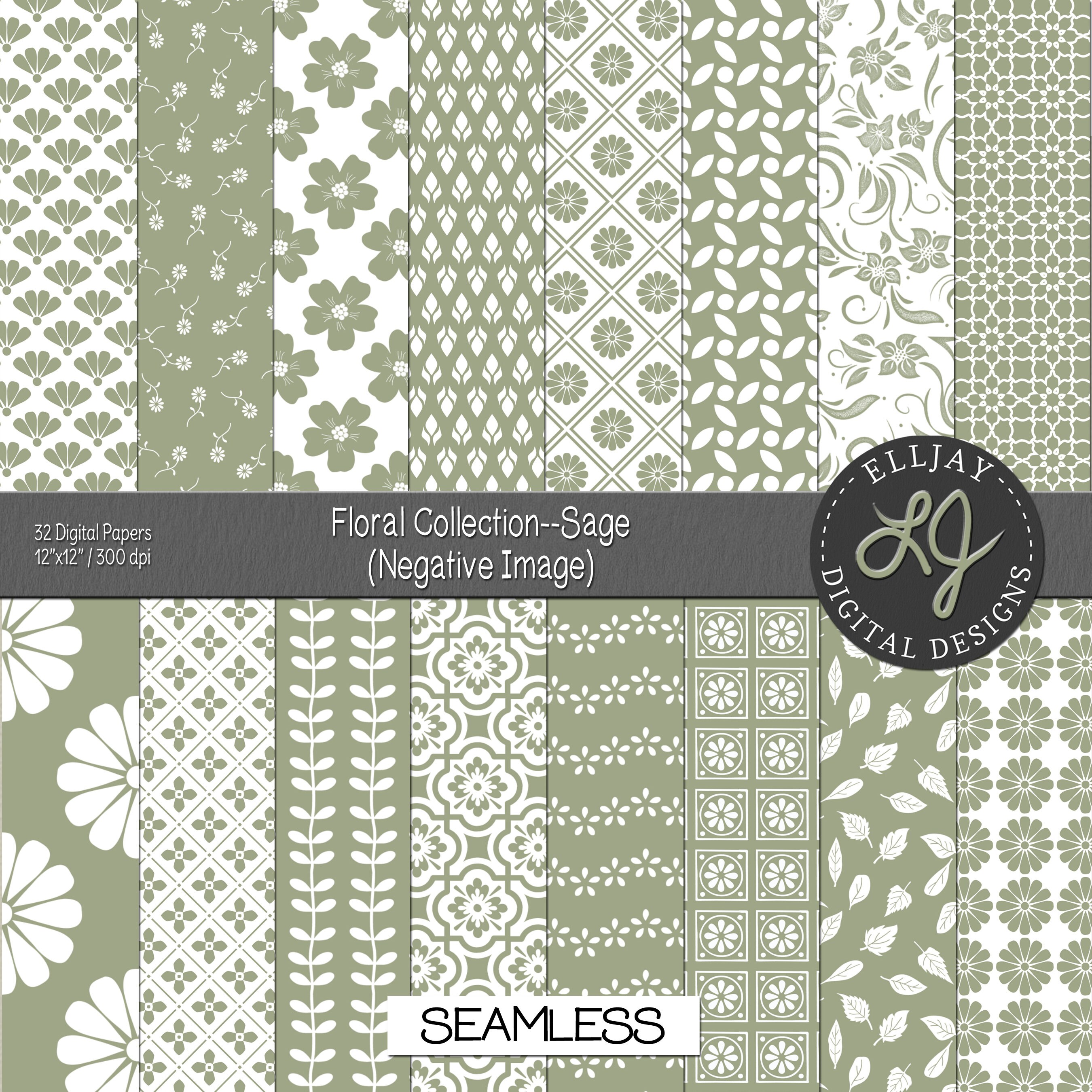 Sage Floral Digital Paper Pack: 32 Seamless Patterns (12x12", 300 Dpi ...