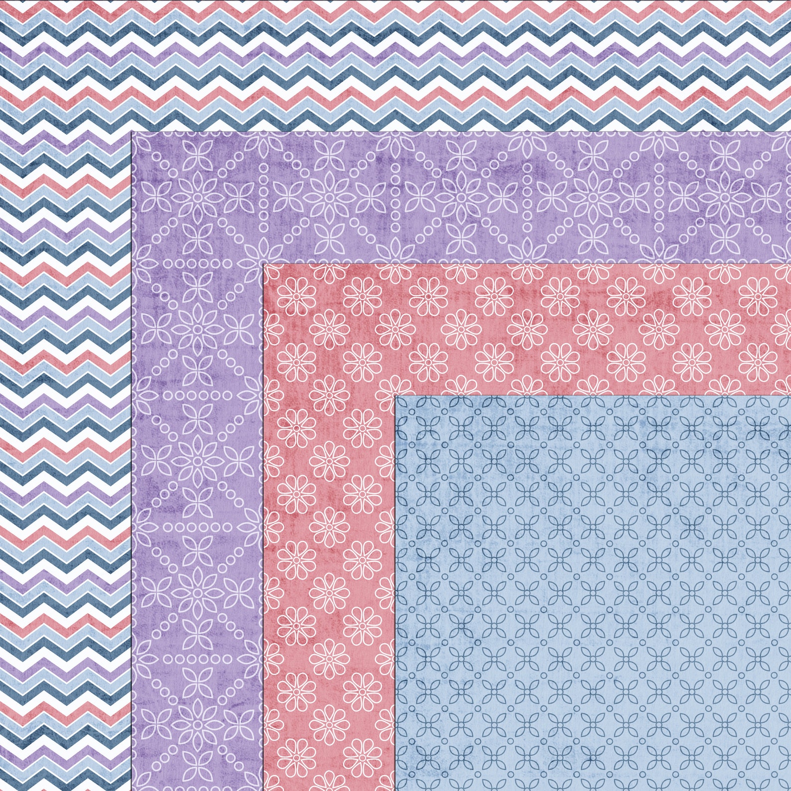 Blue, Purple & Red Digital Paper Pack. Printable Floral Patterns. Cards ...