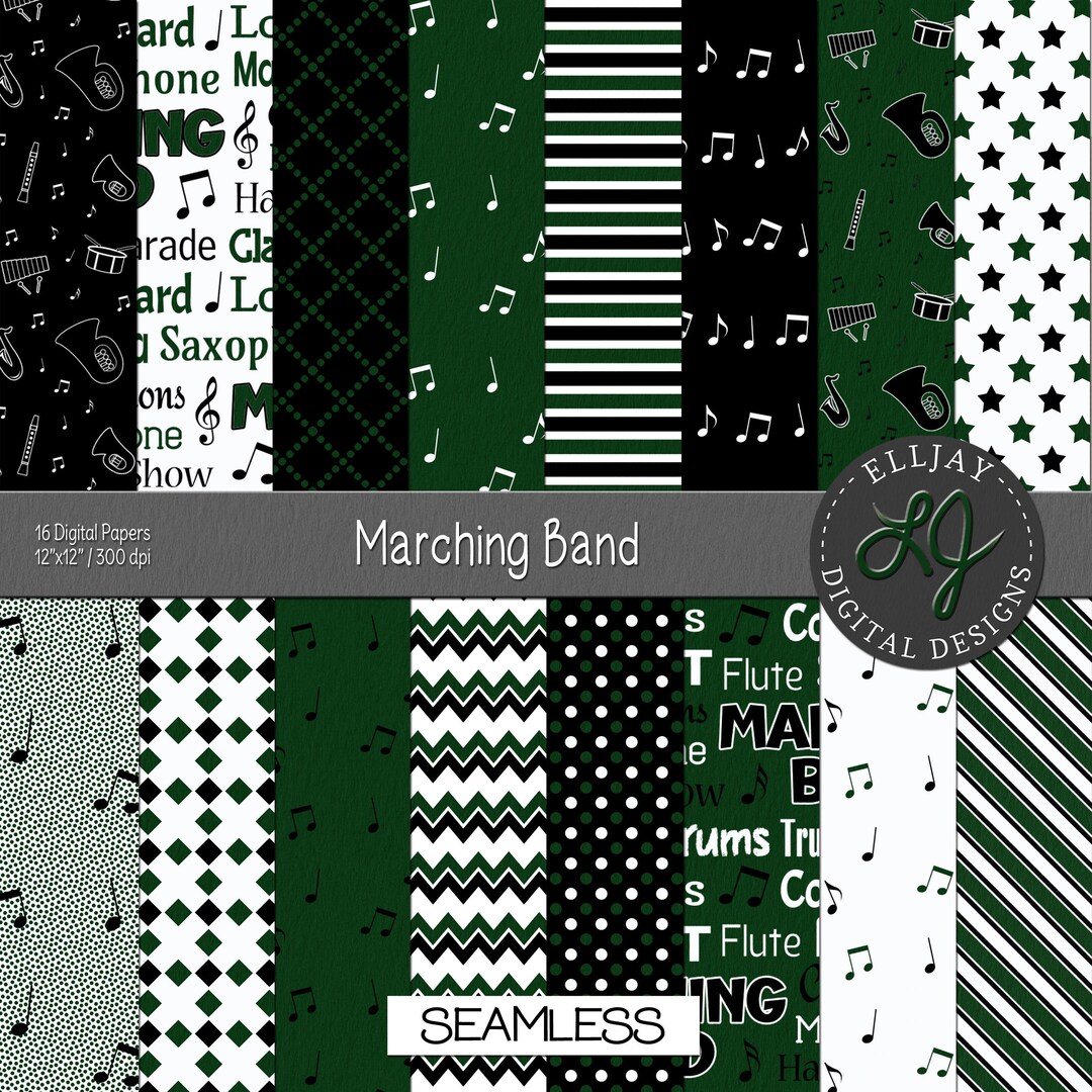 Dark Green Marching Band Digital Paper Pack. Band Scrapbook Paper ...