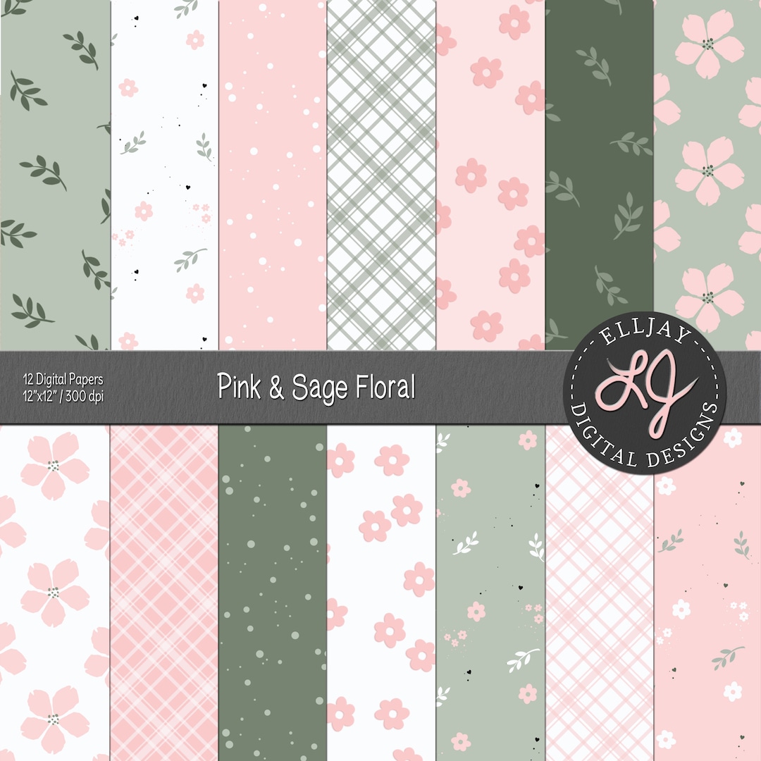 Pink & Sage Floral Digital Paper Pack: Scrapbook Patterns (12x12", 300 ...
