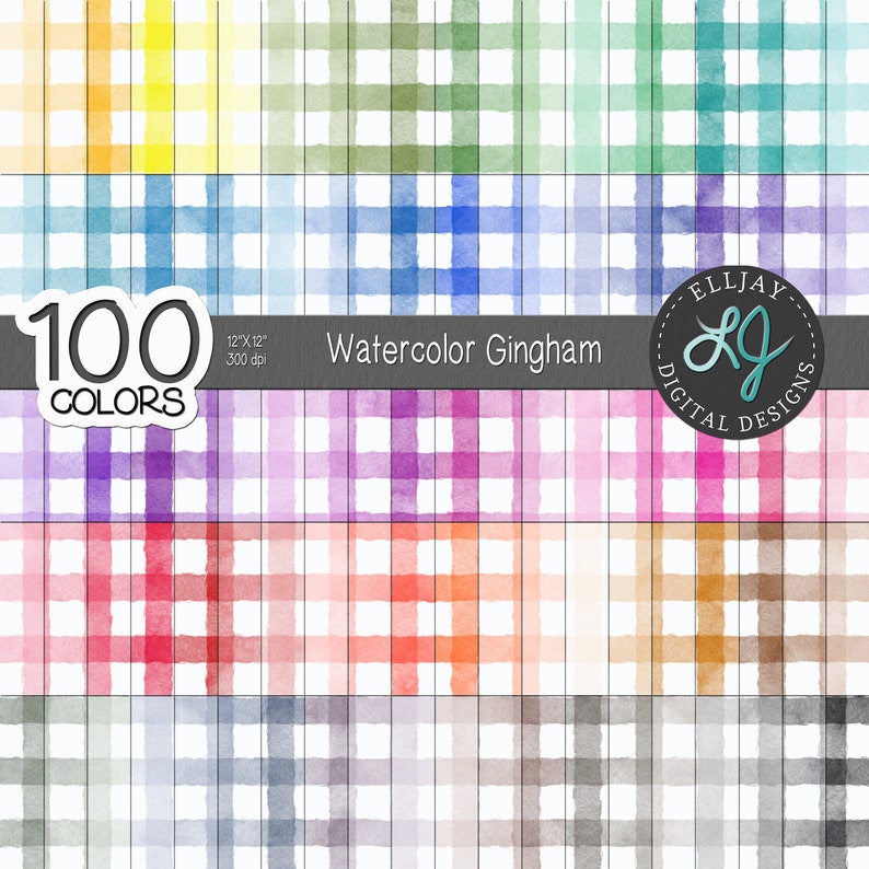 Watercolor Gingham Patterned Digital Paper in 100 Colors. Gingham ...