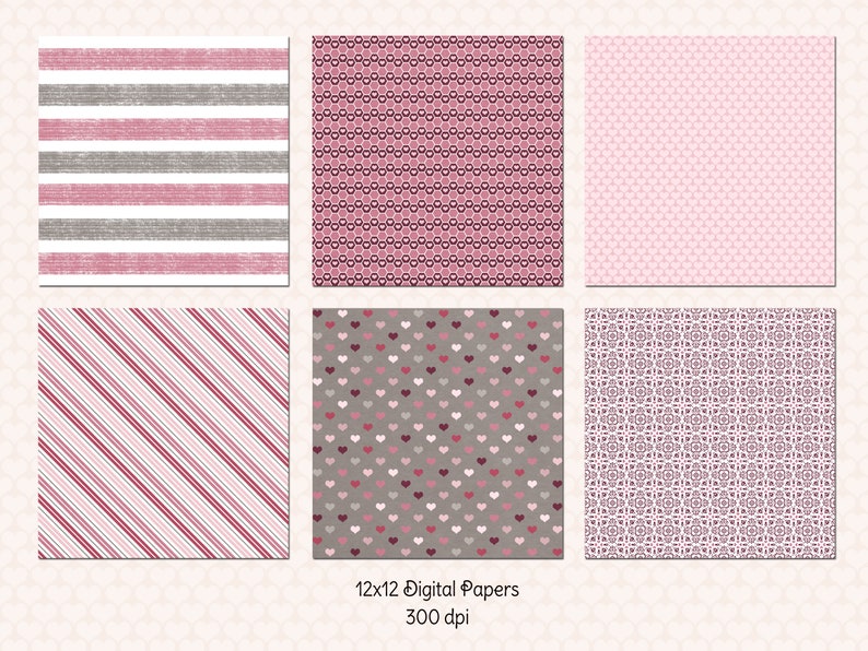 Valentine Digital Paper Pack. Pink and Gray Digital Paper. Valentine's ...