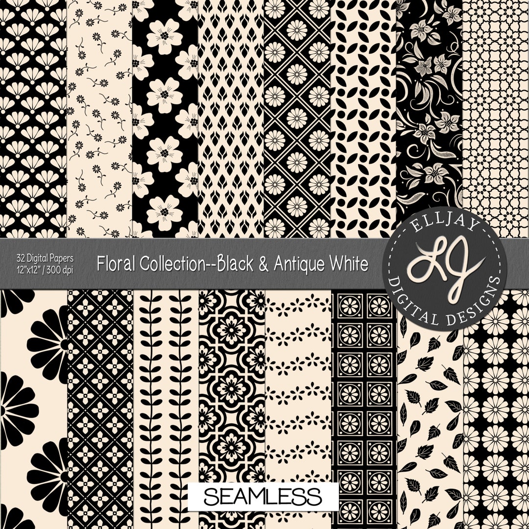 Black & Cream Floral Digital Paper Pack. Black and Antique White Floral ...