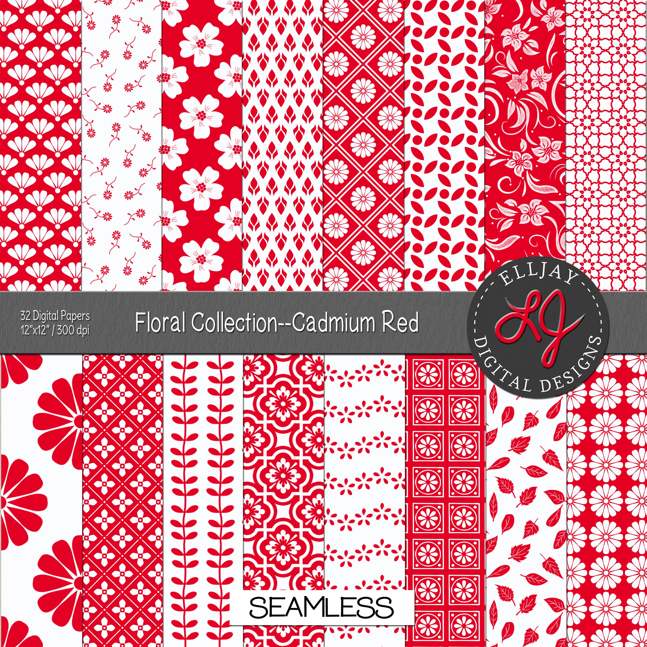 Red & White Floral Digital Paper Pack. 32 Cadmium Red Patterns. Floral ...