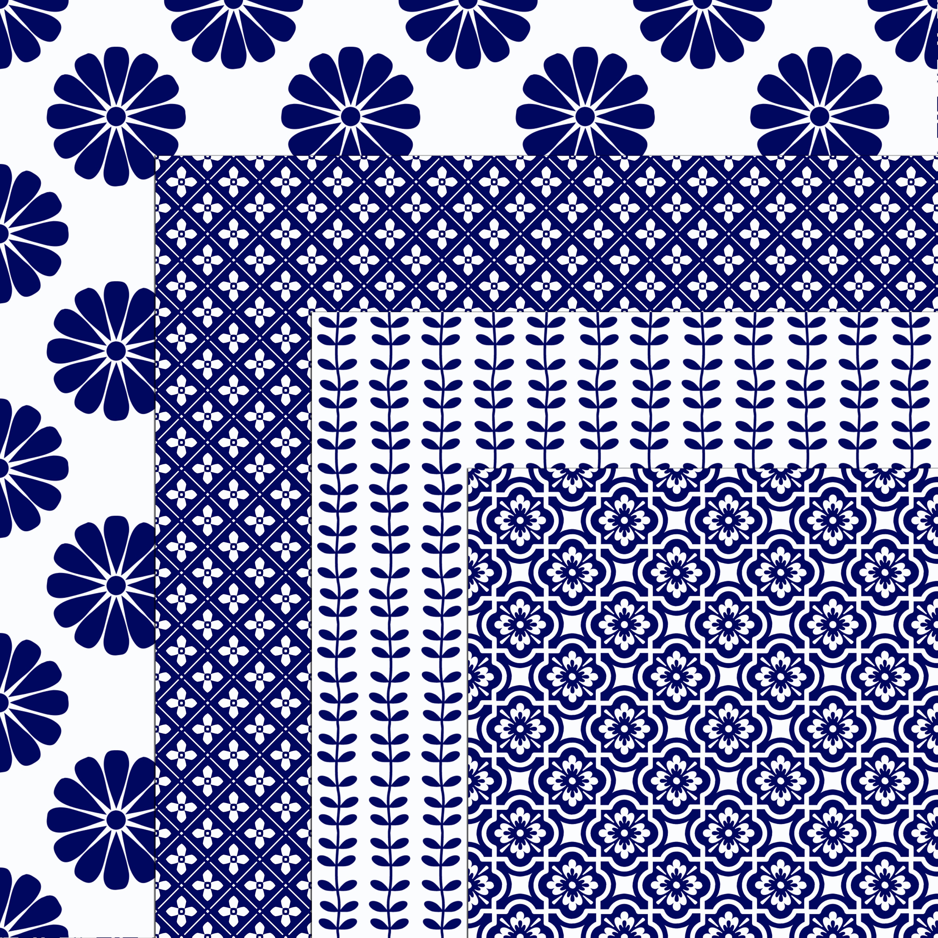 Navy Blue & White Floral Digital Paper Pack. 32 Blue Patterns. Floral ...