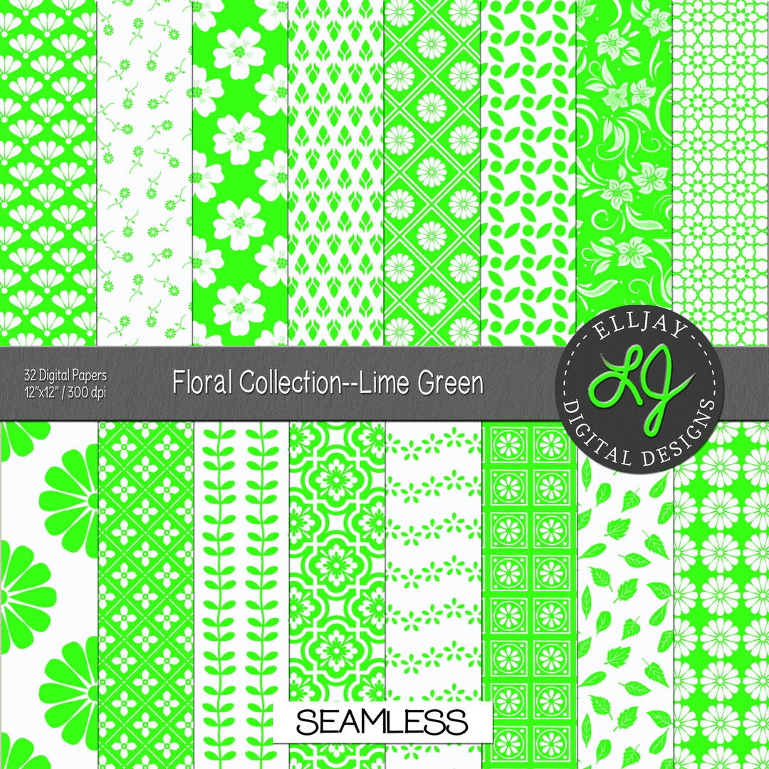 Lime Green Floral Digital Paper Pack: 32 Seamless Scrapbook Backgrounds ...
