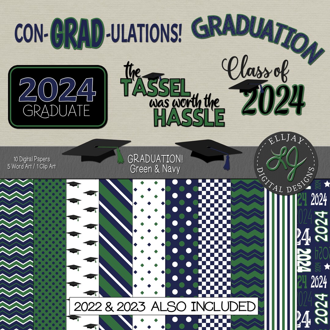 Green and Navy 2024 Graduation Digital Paper and Clipart. Announcements ...