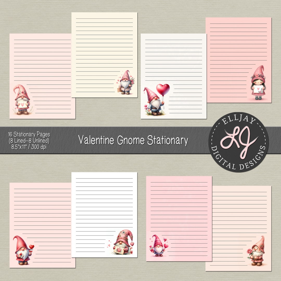 Digital Valentine Gnome Stationary. Lined & Unlined Valentine ...