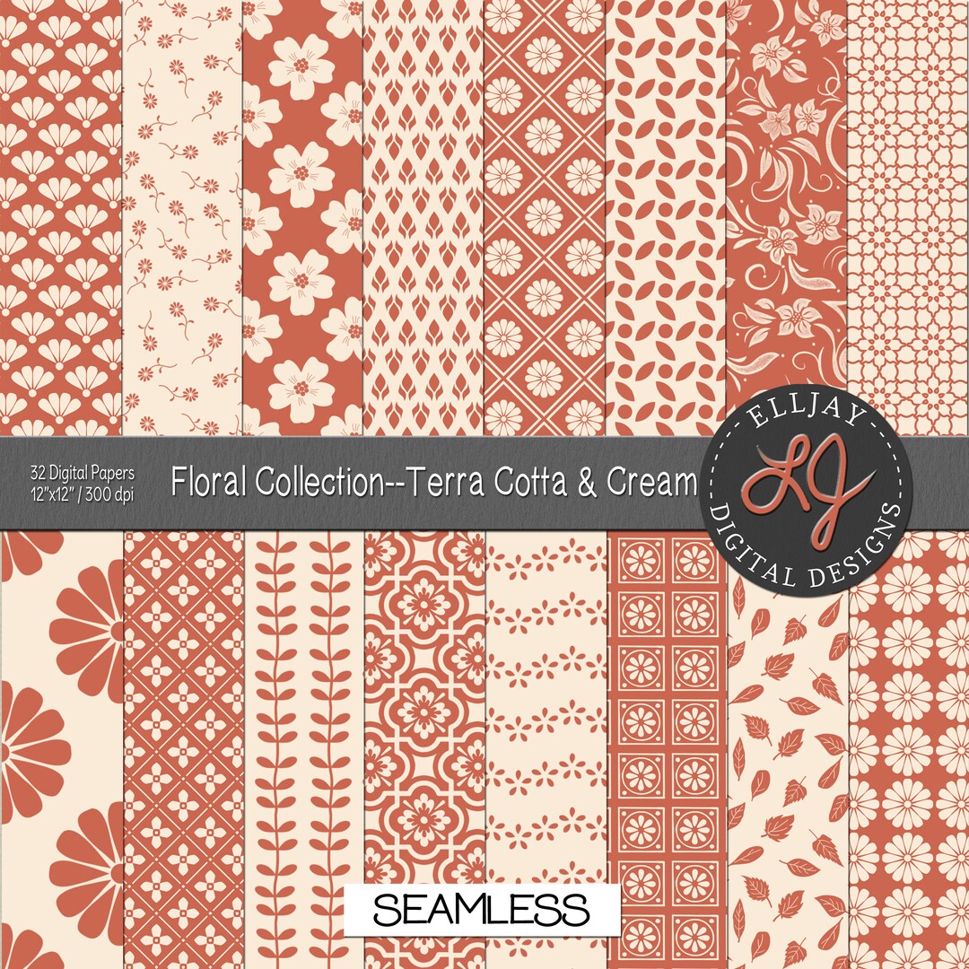 Terra Cotta & Cream Floral Digital Paper Pack. 32 Terra Cotta and Cream ...
