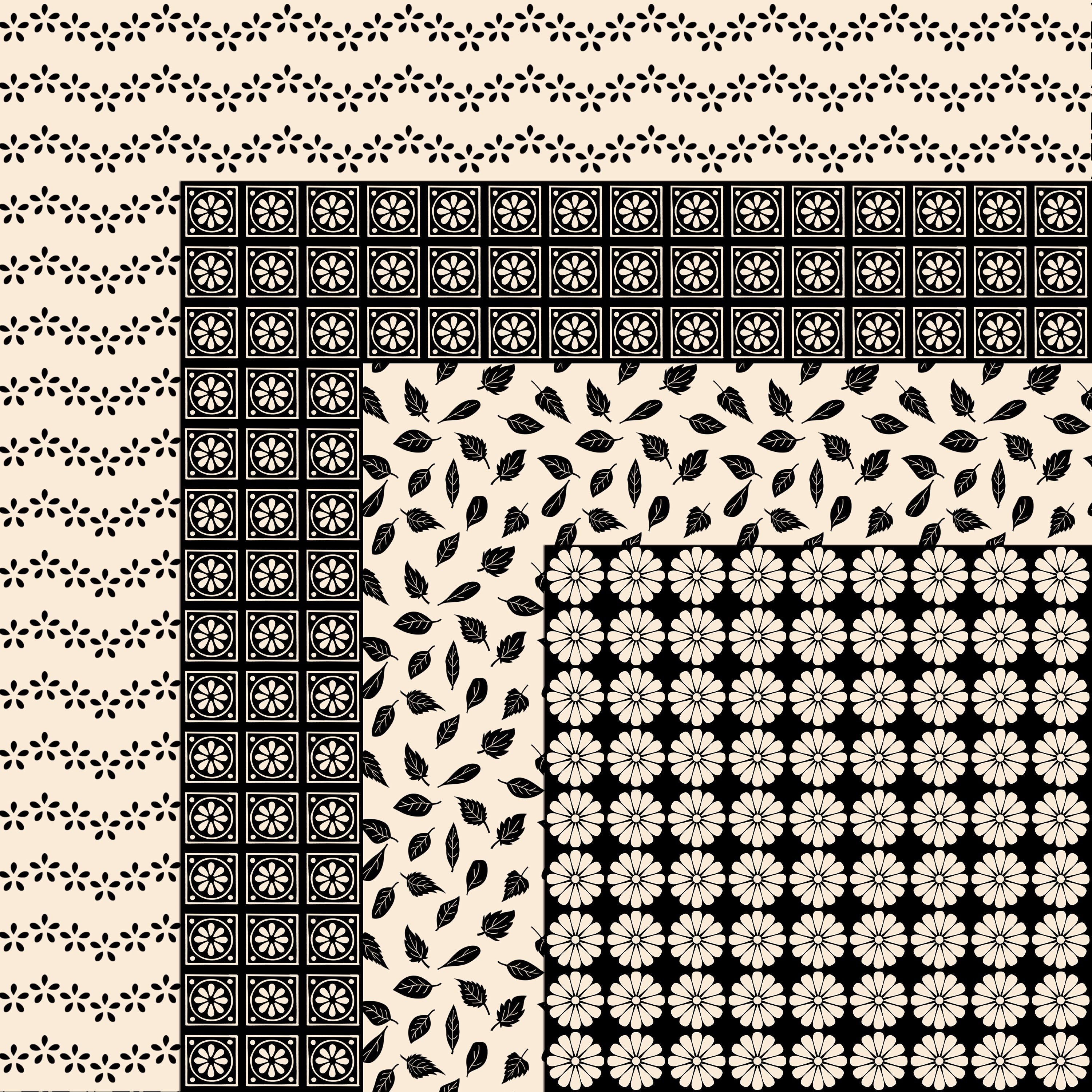Black & Cream Floral Digital Paper Pack, Seamless Scrapbook Backgrounds ...