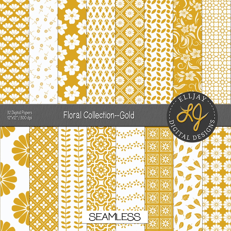 Gold Floral Digital Paper Pack: Seamless Yellow Patterns (digital ...