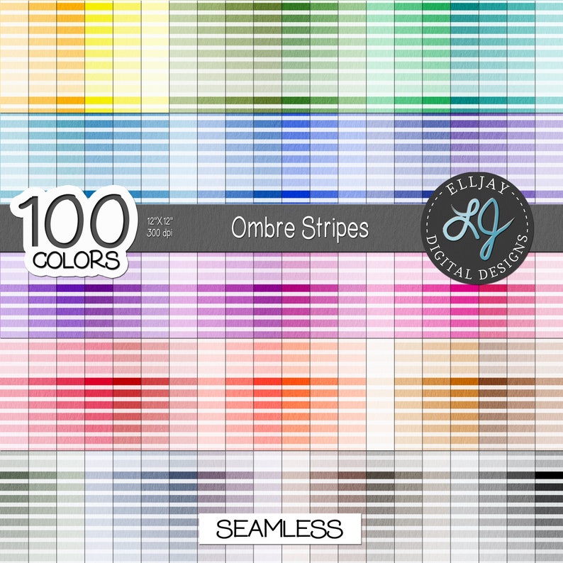 Ombre Stripes Digital Paper Pack. 100 Colors. Seamless Striped Patterns ...