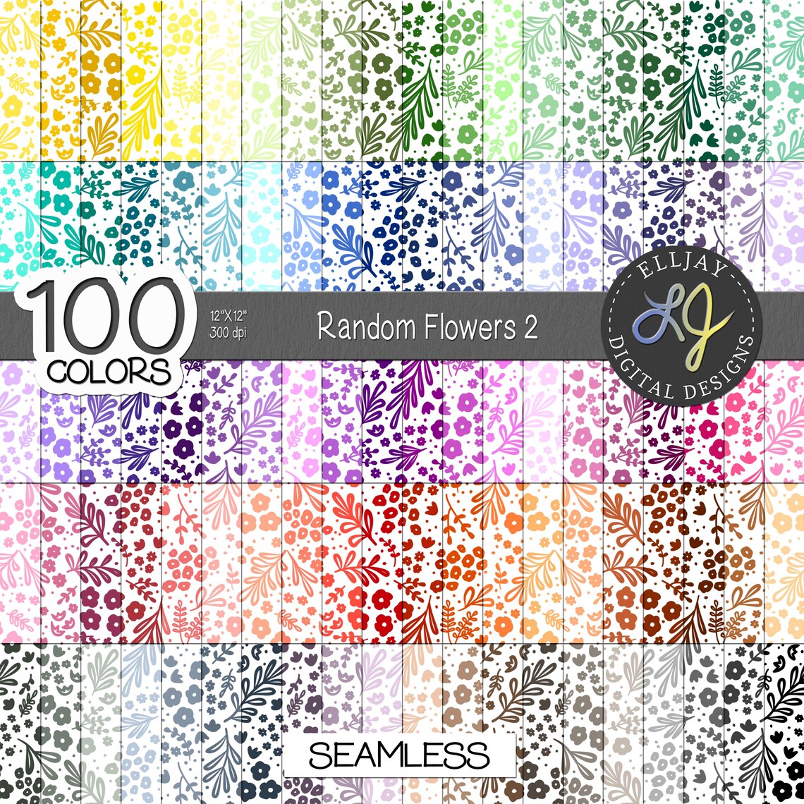 Floral Digital Paper Pack: 100 Colors, Seamless Flower Backgrounds ...