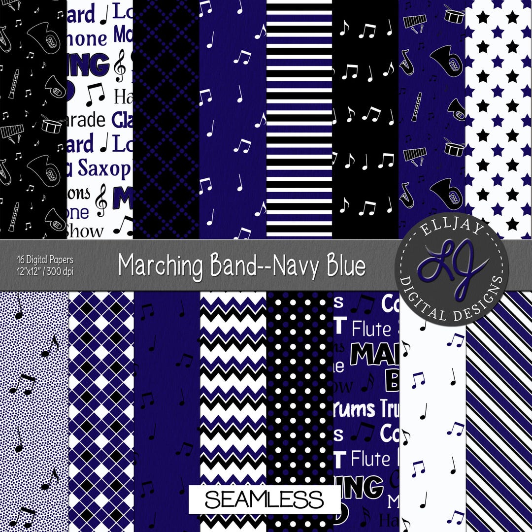 Navy Blue Marching Band Paper Pack: Music Notes, Instruments (digital ...