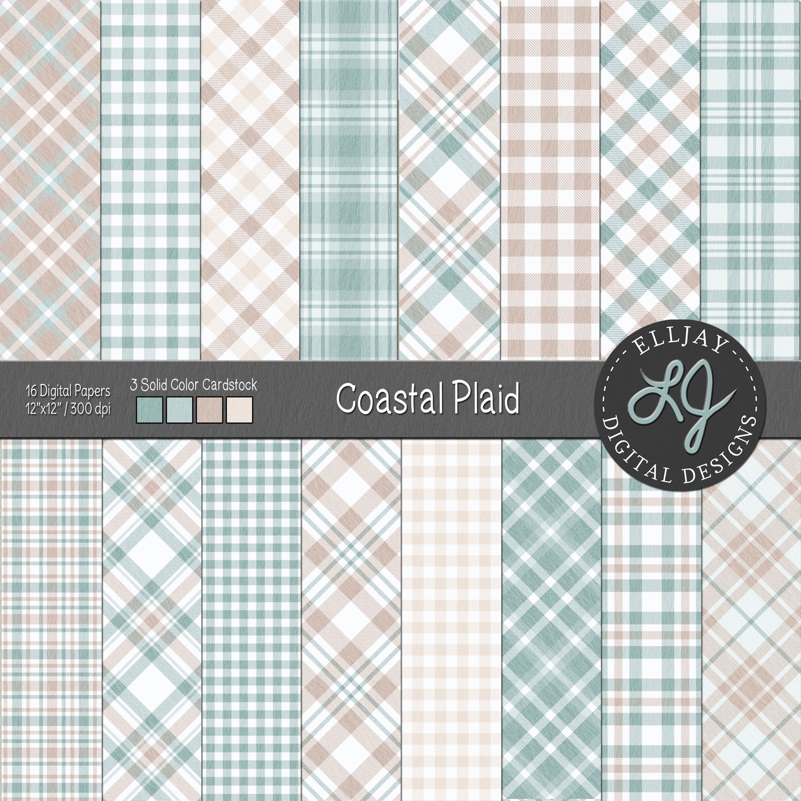 Coastal Plaid Digital Paper Pack: Beige & Blue Scrapbook Patterns ...