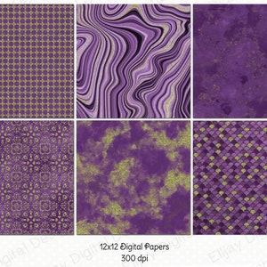 Purple and Gold Glitter Digital Papers: Damask, Marble, Scales (digital ...