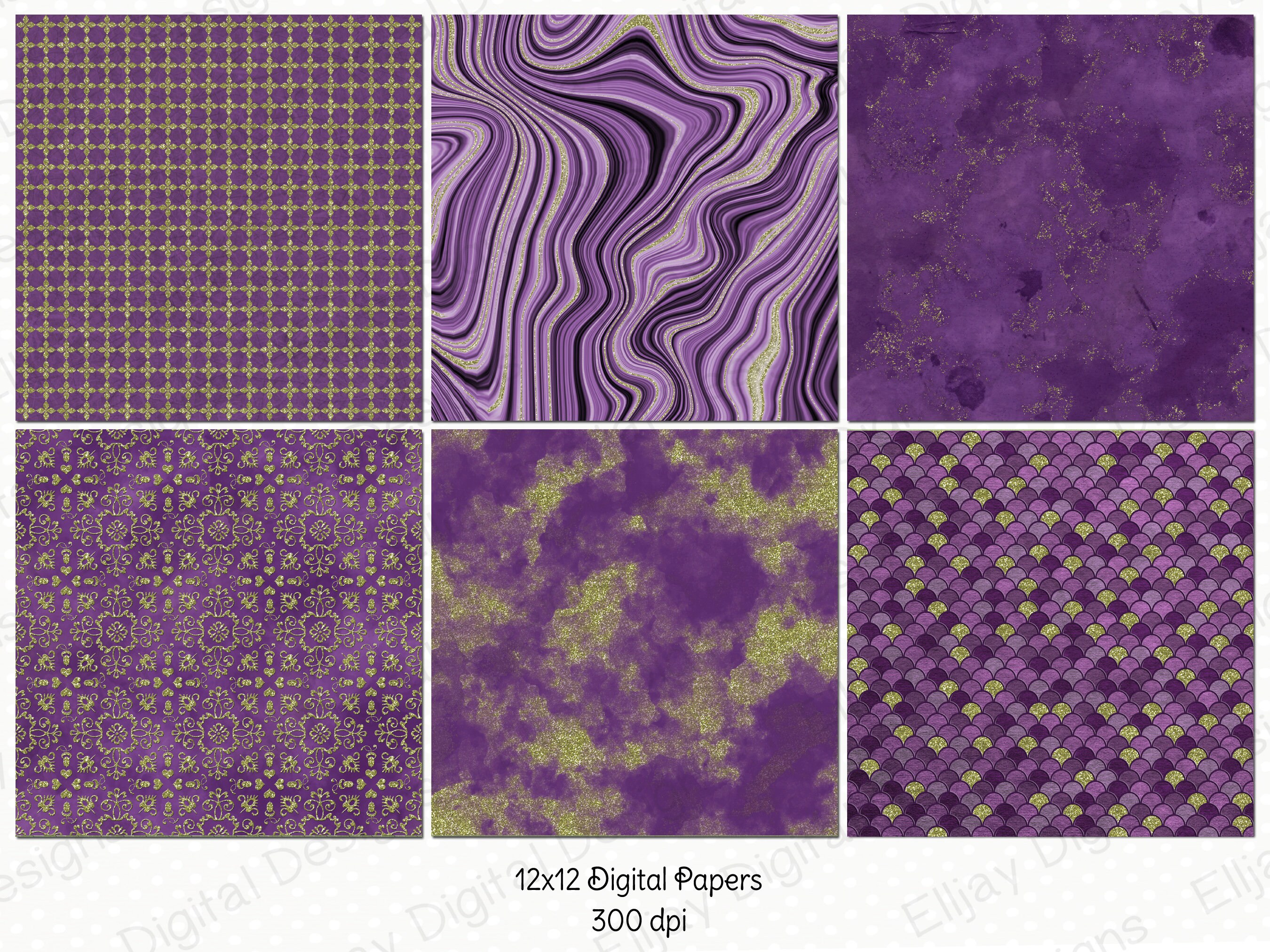 Purple and Gold Glitter Digital Papers: Damask, Marble, Scales (digital ...