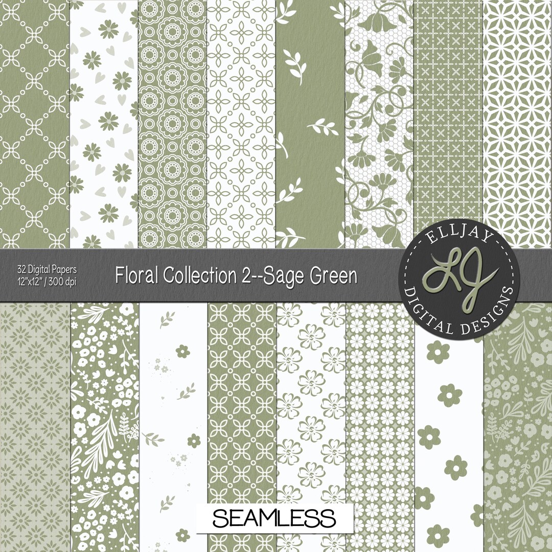 Sage Green Floral Digital Paper Pack: Seamless Scrapbook Patterns ...