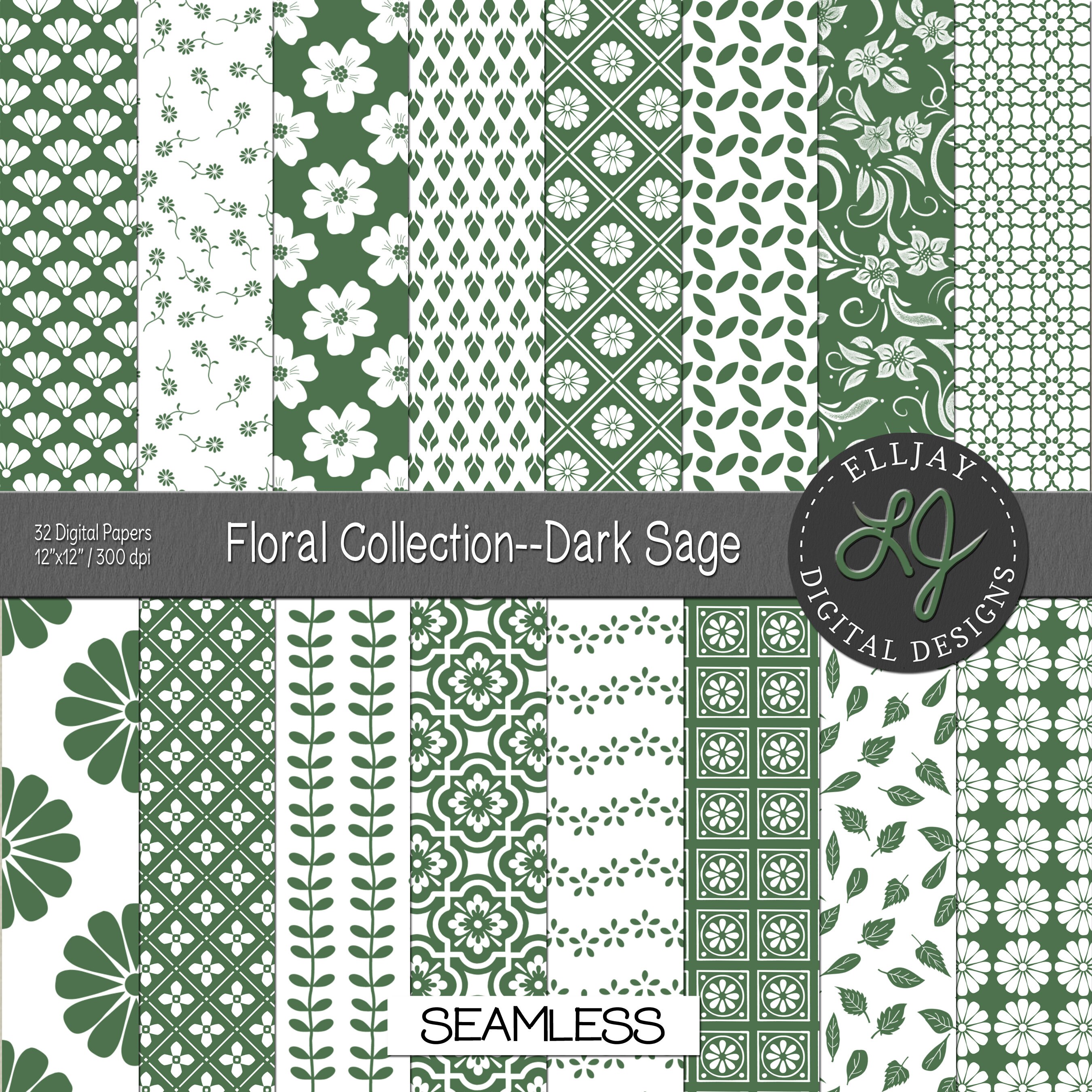 Dark Sage Green Floral Digital Paper Pack. 32 Green and White Patterns ...
