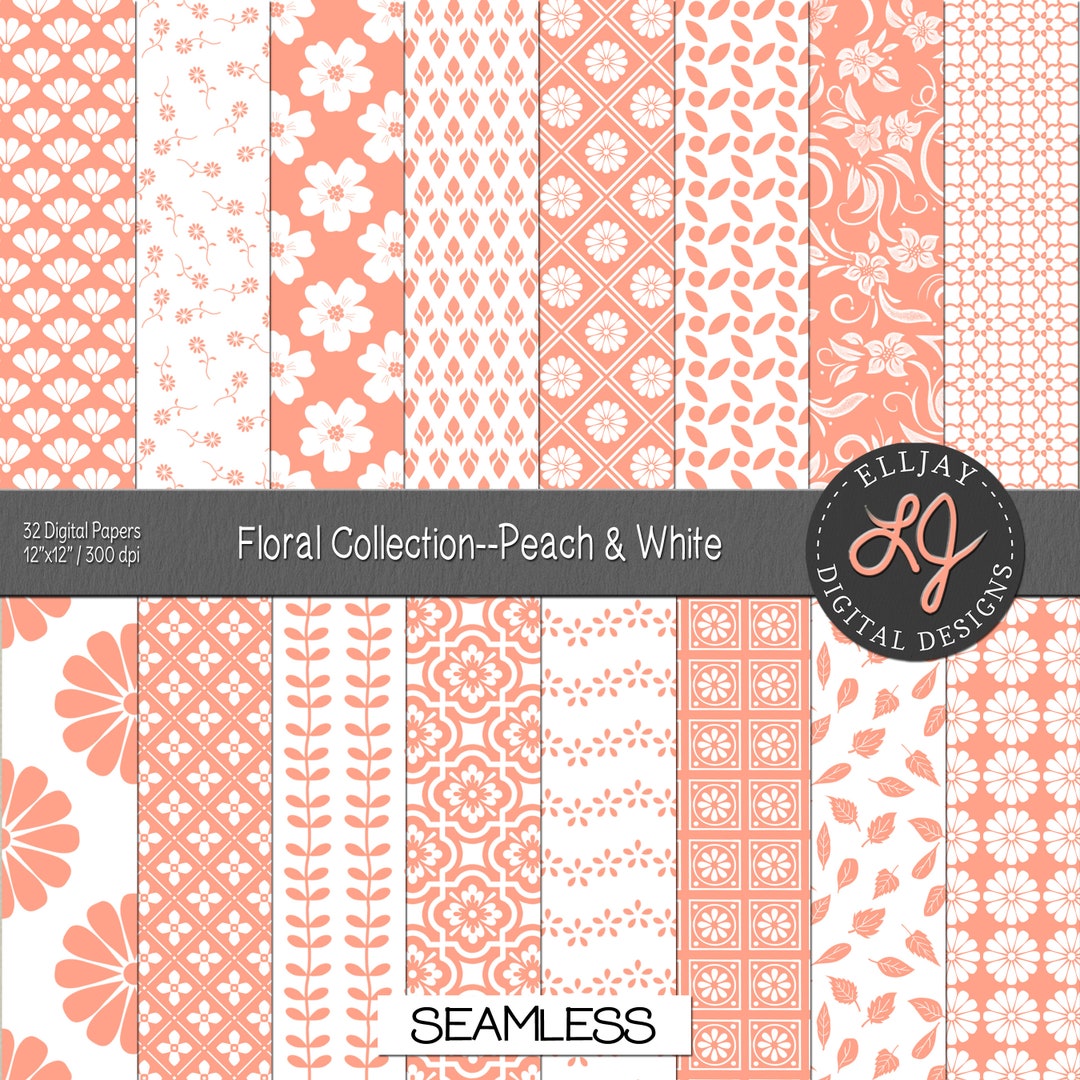 Peach & White Floral Digital Paper Pack: Seamless Scrapbook Patterns ...