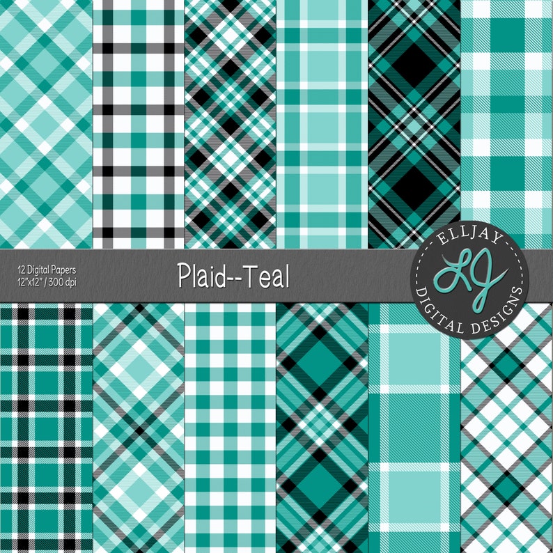 Teal & Black Plaid Digital Paper Pack. Teal Digital Scrapbook Paper ...