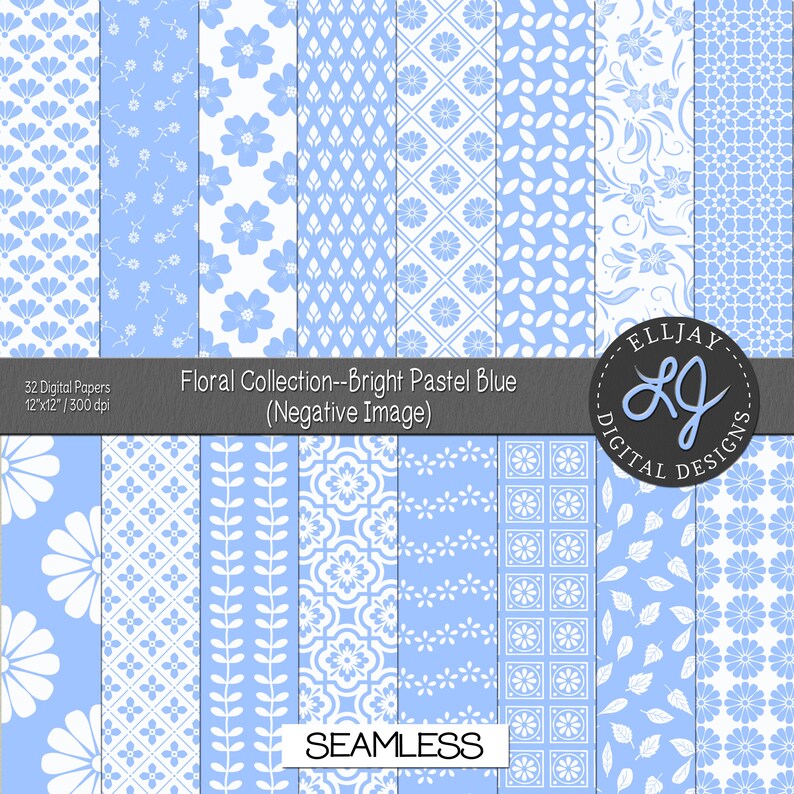 Pastel Blue Floral Digital Paper Pack: Seamless Scrapbook Patterns ...