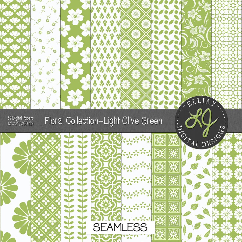 Olive Green Floral Digital Paper Pack: Seamless Scrapbook Patterns ...