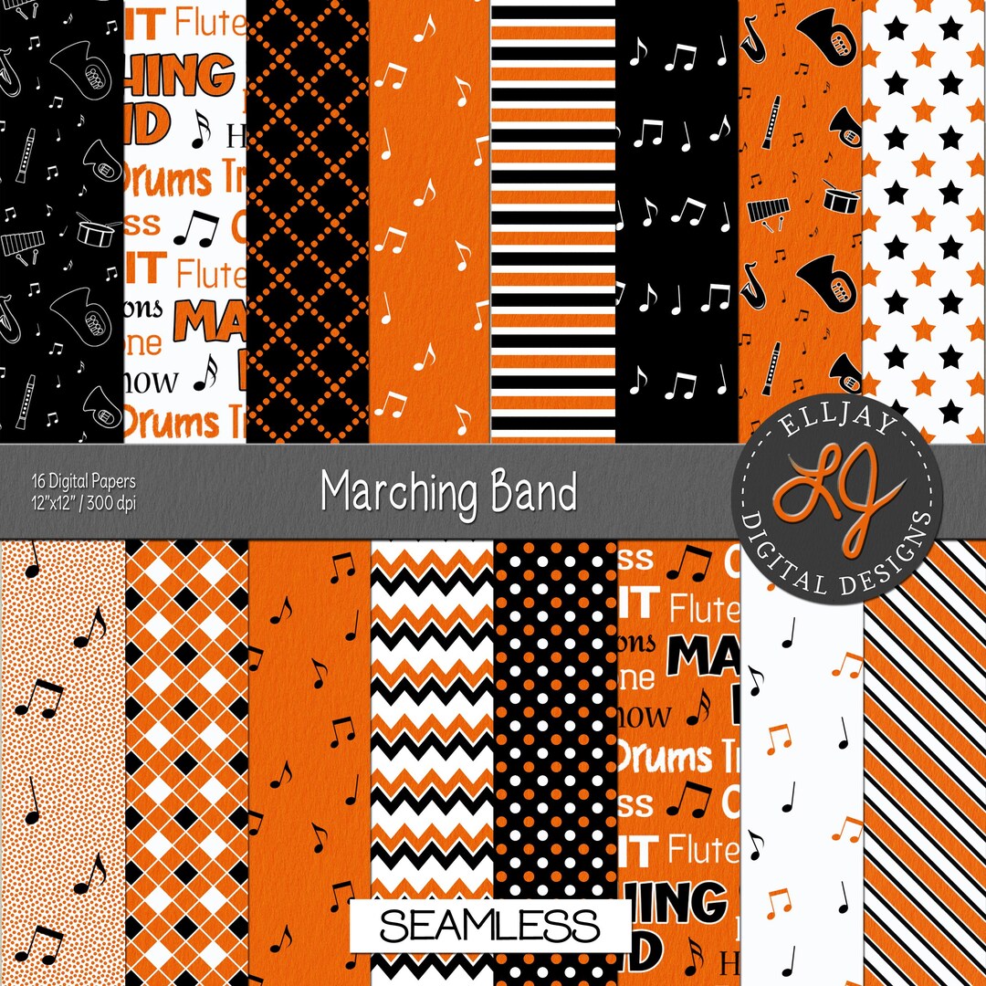 Orange Marching Band Digital Paper Pack. Band Scrapbook Paper. Music ...