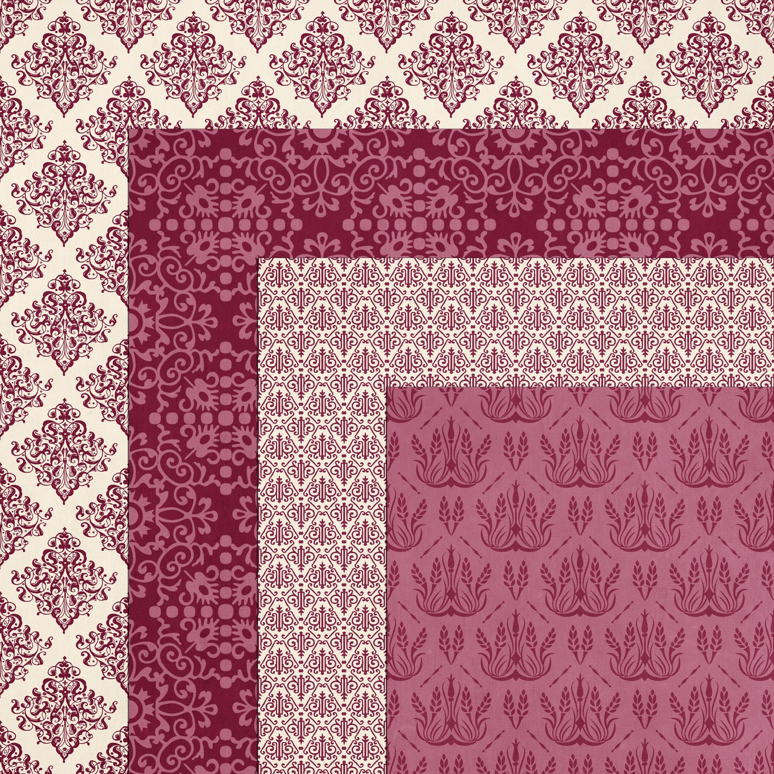 Vintage Maroon & Ivory Digital Paper Pack: Floral Damask (digital ...