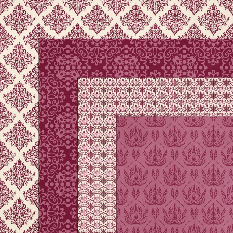 Vintage Maroon & Ivory Digital Paper Pack: Floral Damask (digital ...