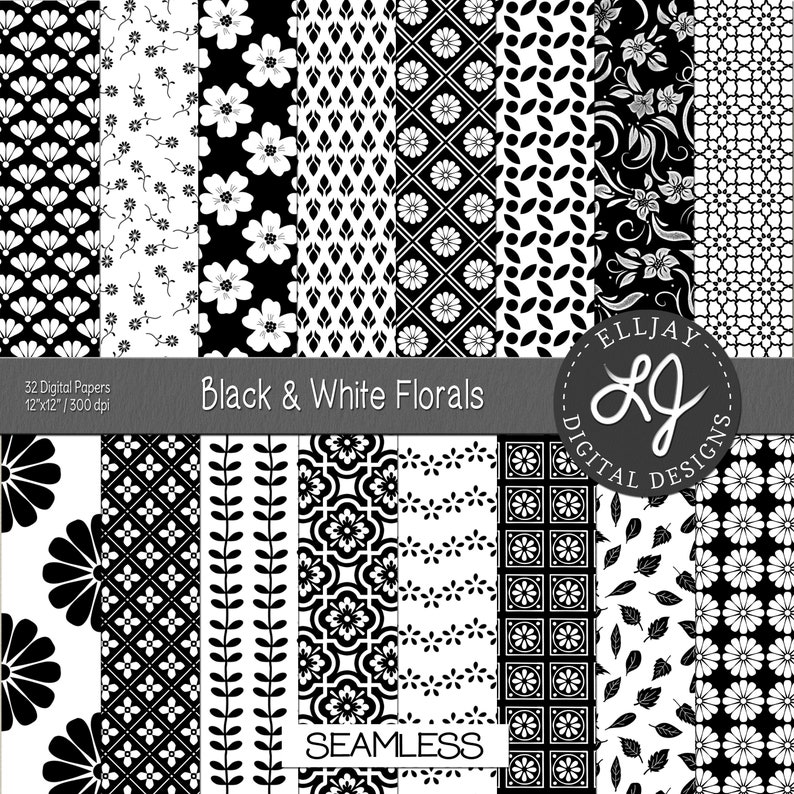 Black & White Floral Digital Paper Pack. 32 Black and White Patterns ...