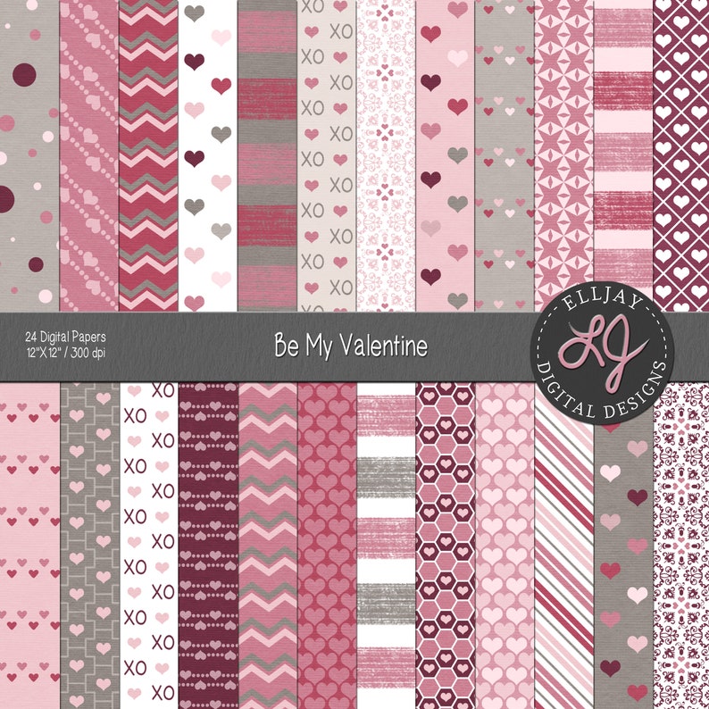 Valentine Digital Paper Pack. Pink and Gray Digital Paper. Valentine's ...