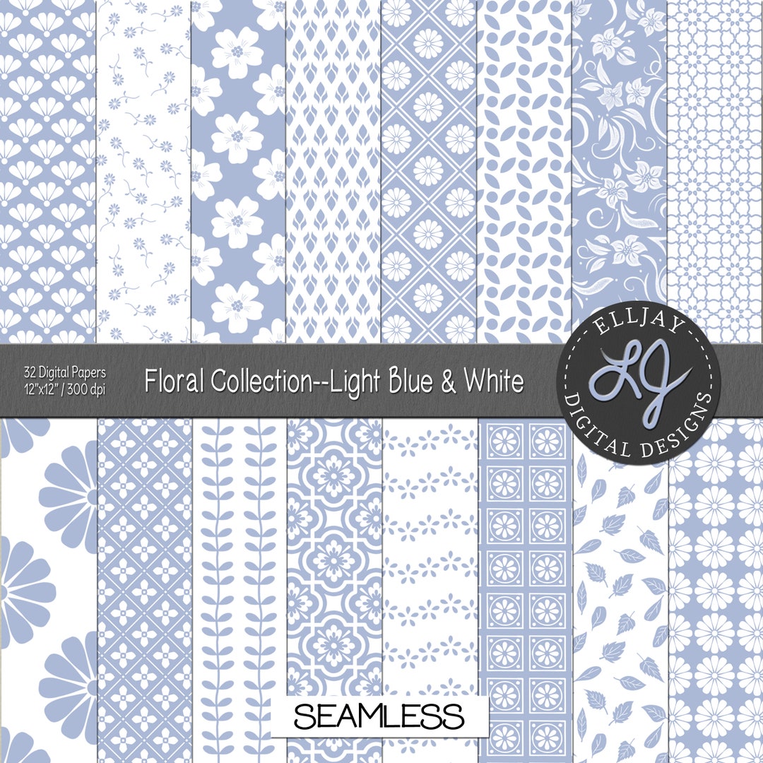 Light Blue & White Floral Digital Paper Pack. 32 Light Blue White ...