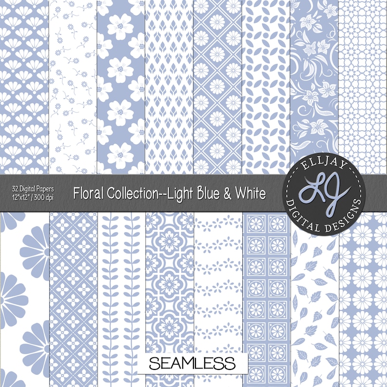 Light Blue & White Floral Digital Paper Pack. 32 Light Blue White ...