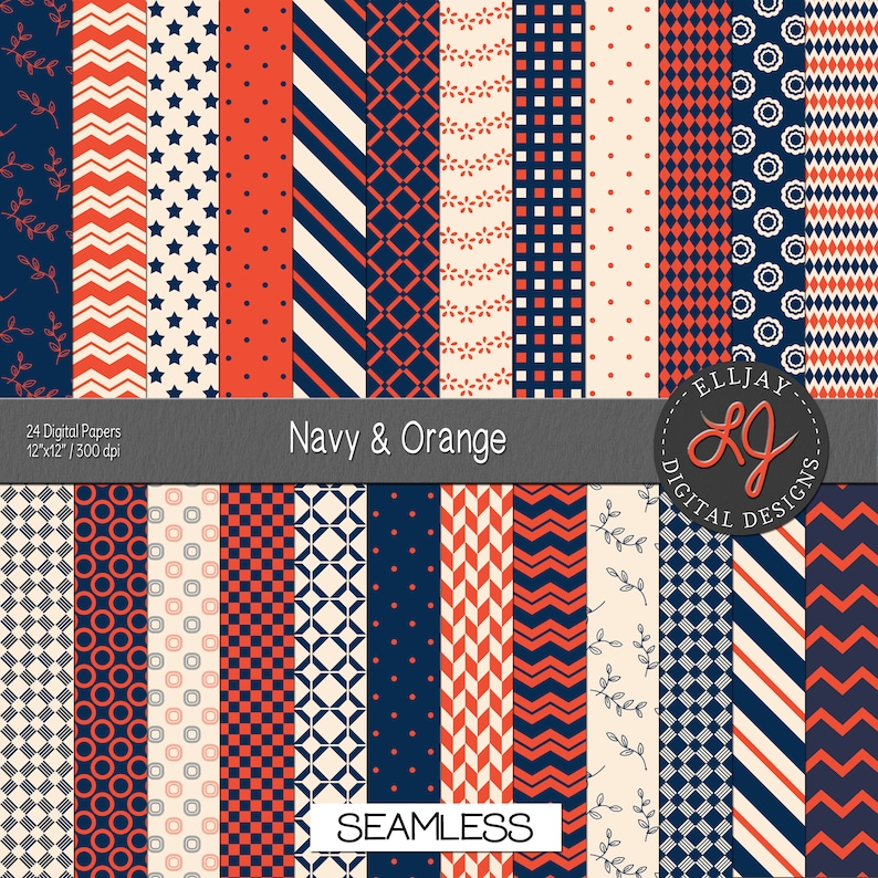 Navy Blue & Orange Digital Paper Pack. Sports Colors. Blue and Orange ...