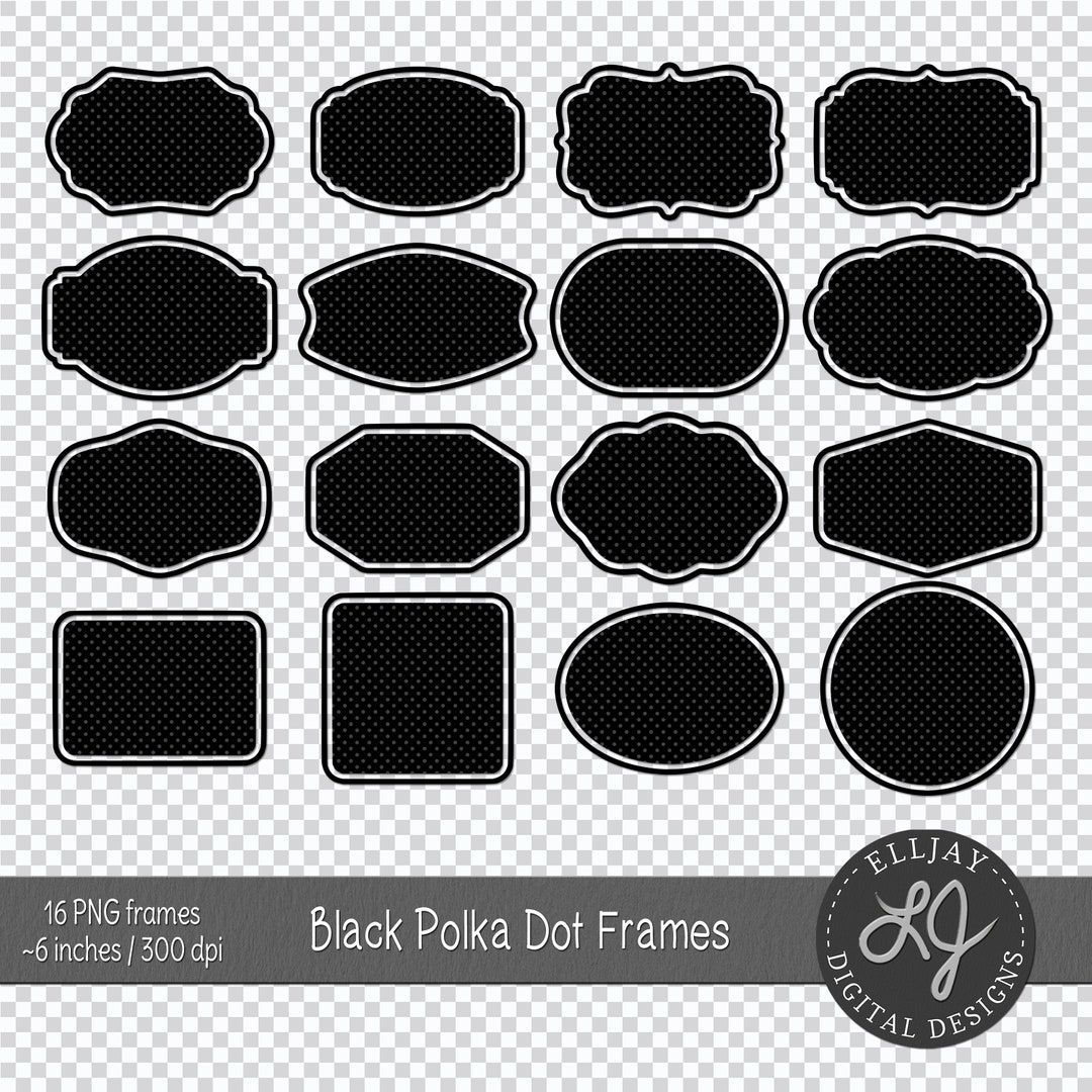 Black Digital Frames White Polka Dots. Printable Labels. Black Tag ...